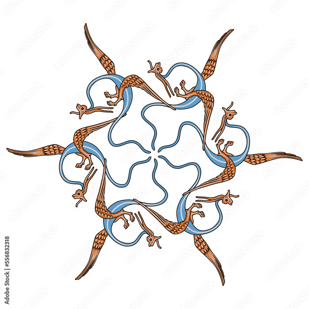 Star shape design with medieval dragons. Illuminated manuscript style ...