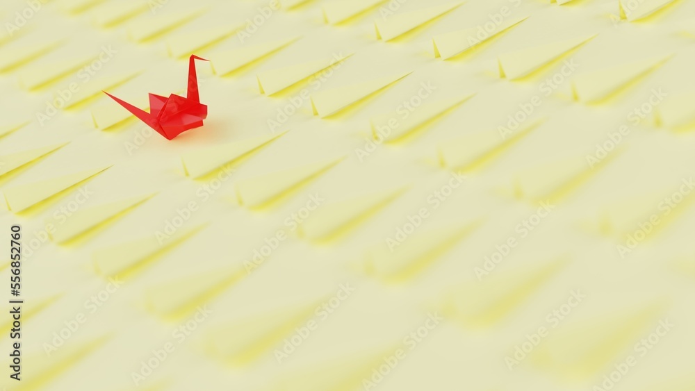 Origami of red crane and many yellow airplanes on soft blue board under ...