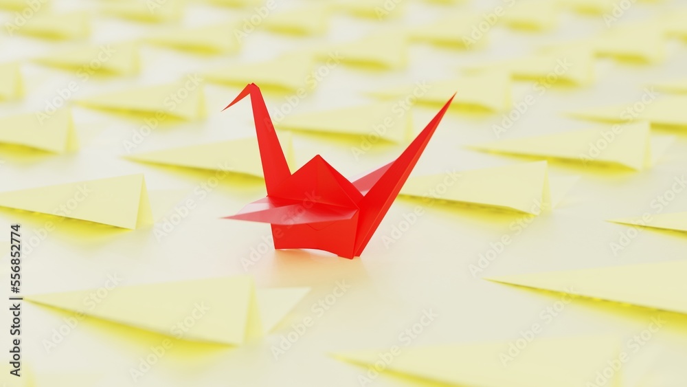 Origami of red crane and many yellow airplanes on soft blue board under ...