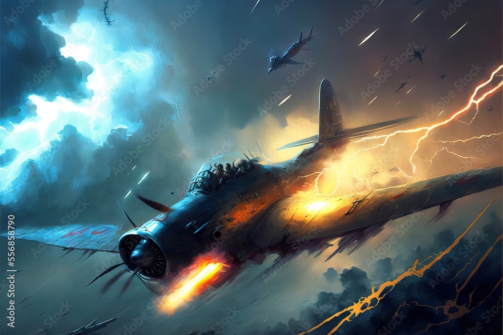 War Plane on a Fight in the Sky, With Full coloured Sky, and explosion ...