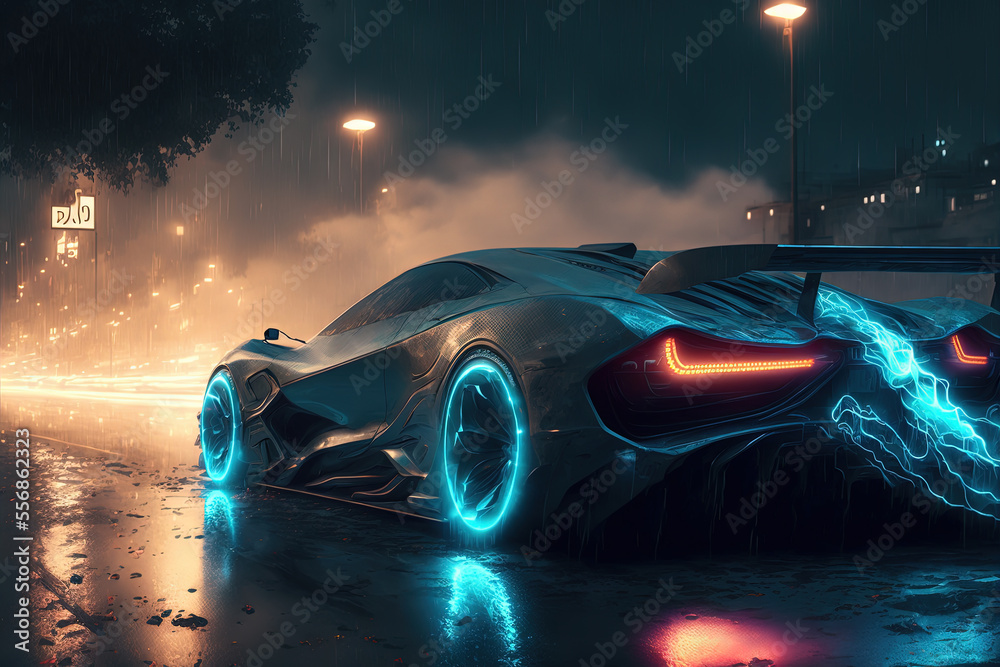 Street racing of the future. Futuristic sports car in motion. Сar ...