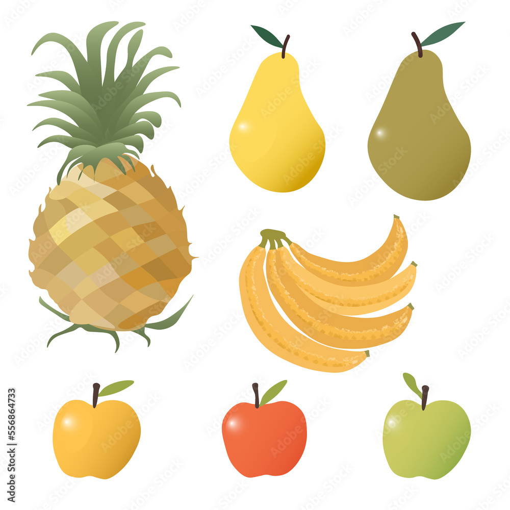 Sef of fruits with pineapple, ripe pear, green pear, bananas, yellow ...