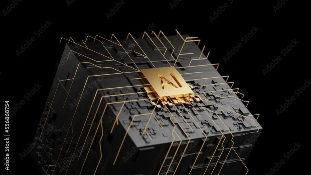 Gold Ai chipset on circuit board working on data analysis in futuristic ...
