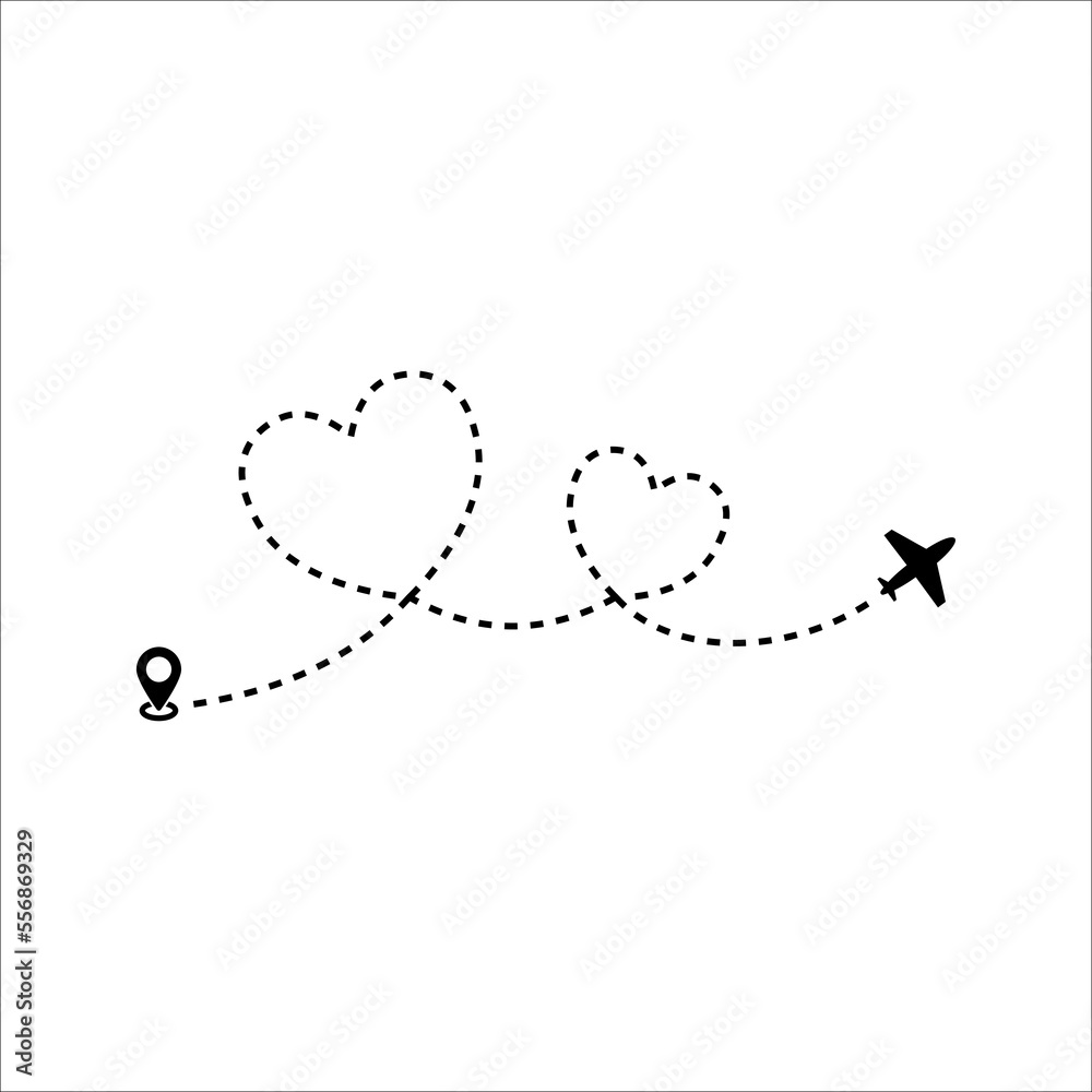 Love airplane route. Romantic travel, heart dashed line trace and plane ...