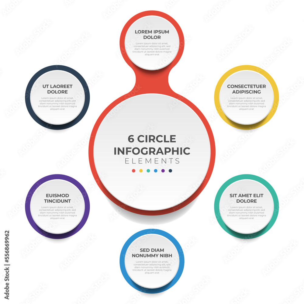Circular layout diagram with 6 points of steps, sequence, colorful ...