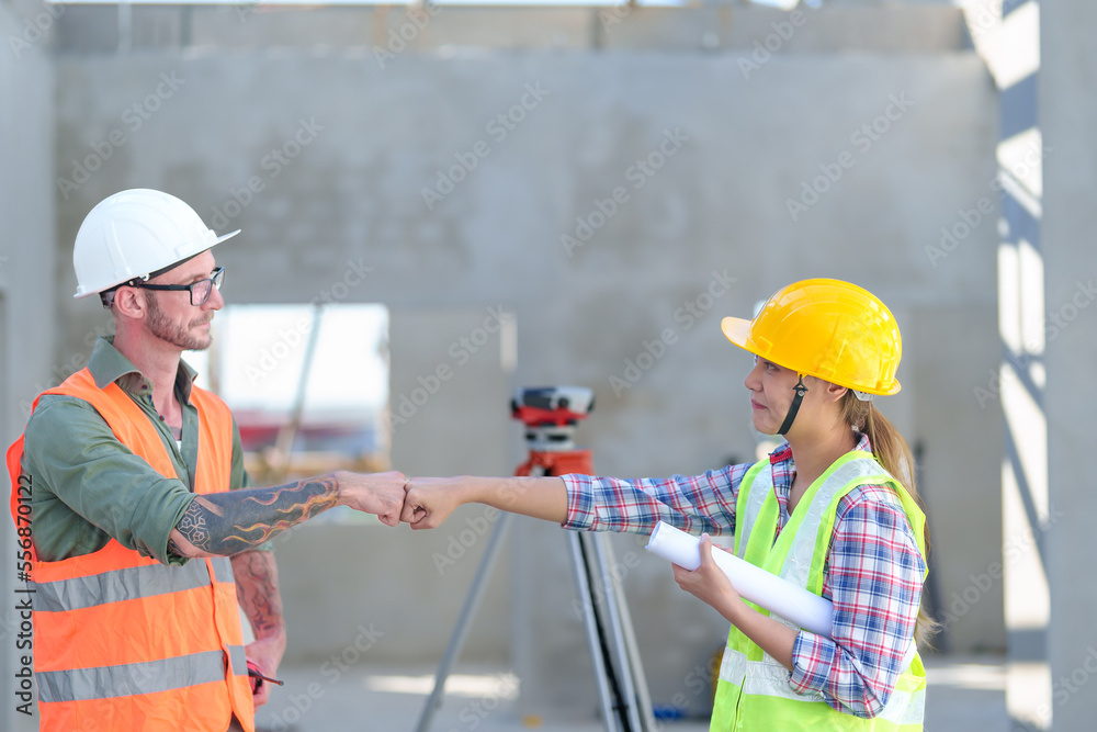 Two Construction Worker show success Using Theodolite Surveying Optical ...