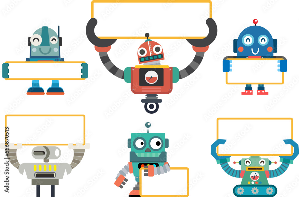 Robots character holding white board, Cyborg character holding empty ...