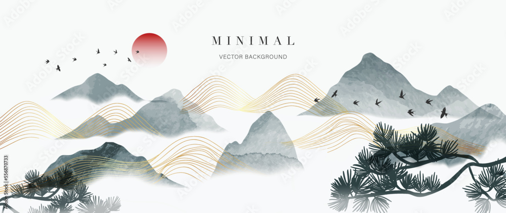 Mountain and golden line art background vector. Oriental chinese luxury ...