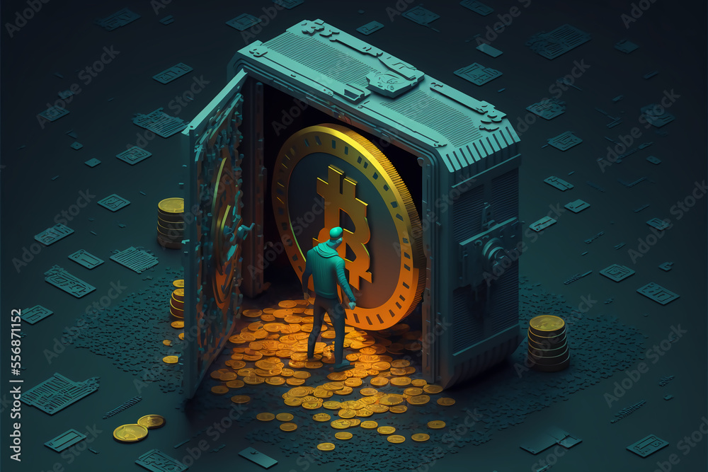 Bitcoin cryptocurrency stored in a vault wallet with a person accessing ...