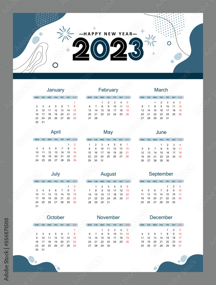 2023 Calendar year vector illustration. The week starts on Sunday ...