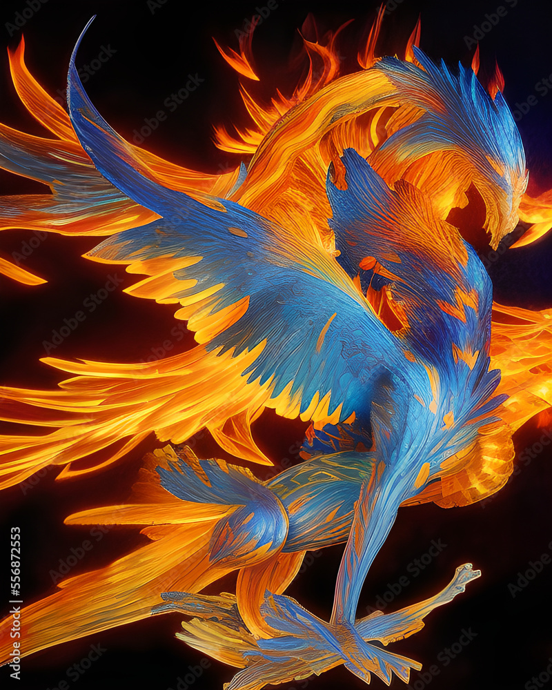 Mythological symbol of rebirth. Phoenix with burning wings and tail ...
