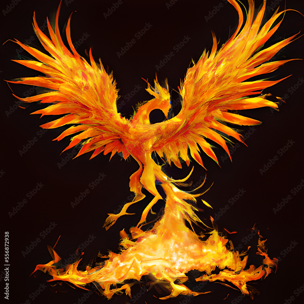 Mythological symbol of rebirth. Phoenix with burning wings and tail ...