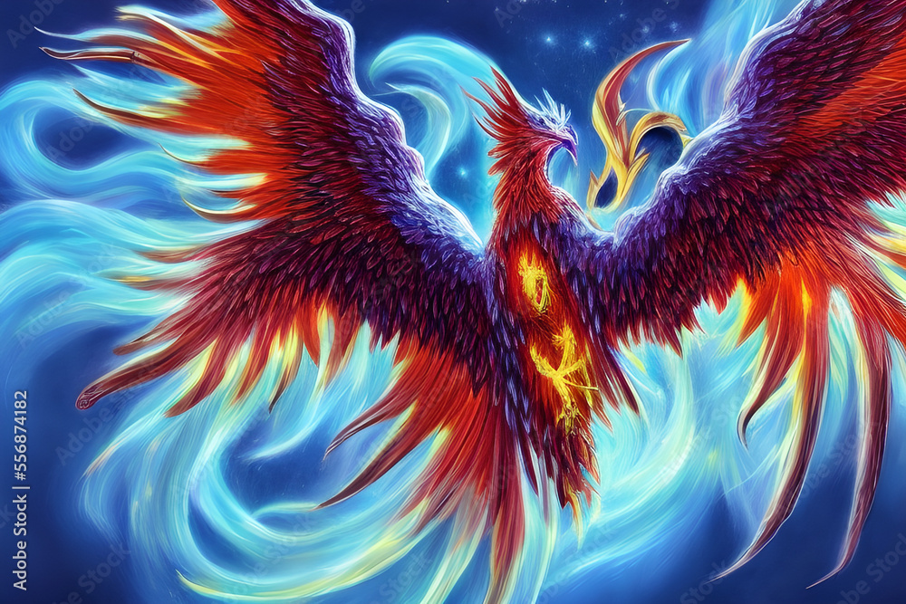 Mythological symbol of rebirth. Phoenix with burning wings and tail ...