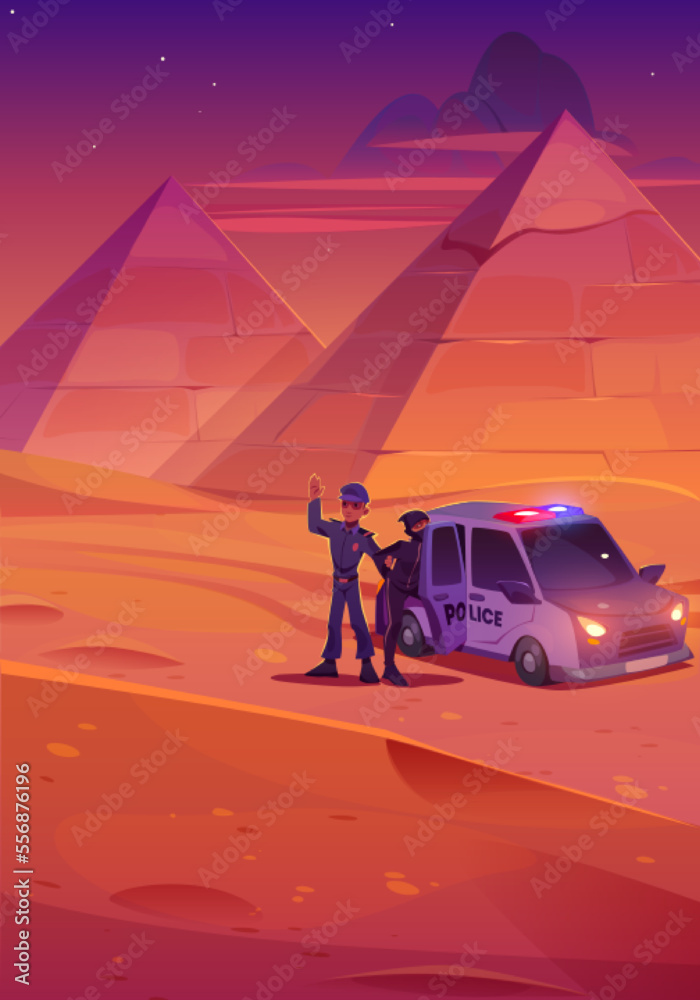 Policeman catch thief in desert in Egypt. African sand desert landscape ...