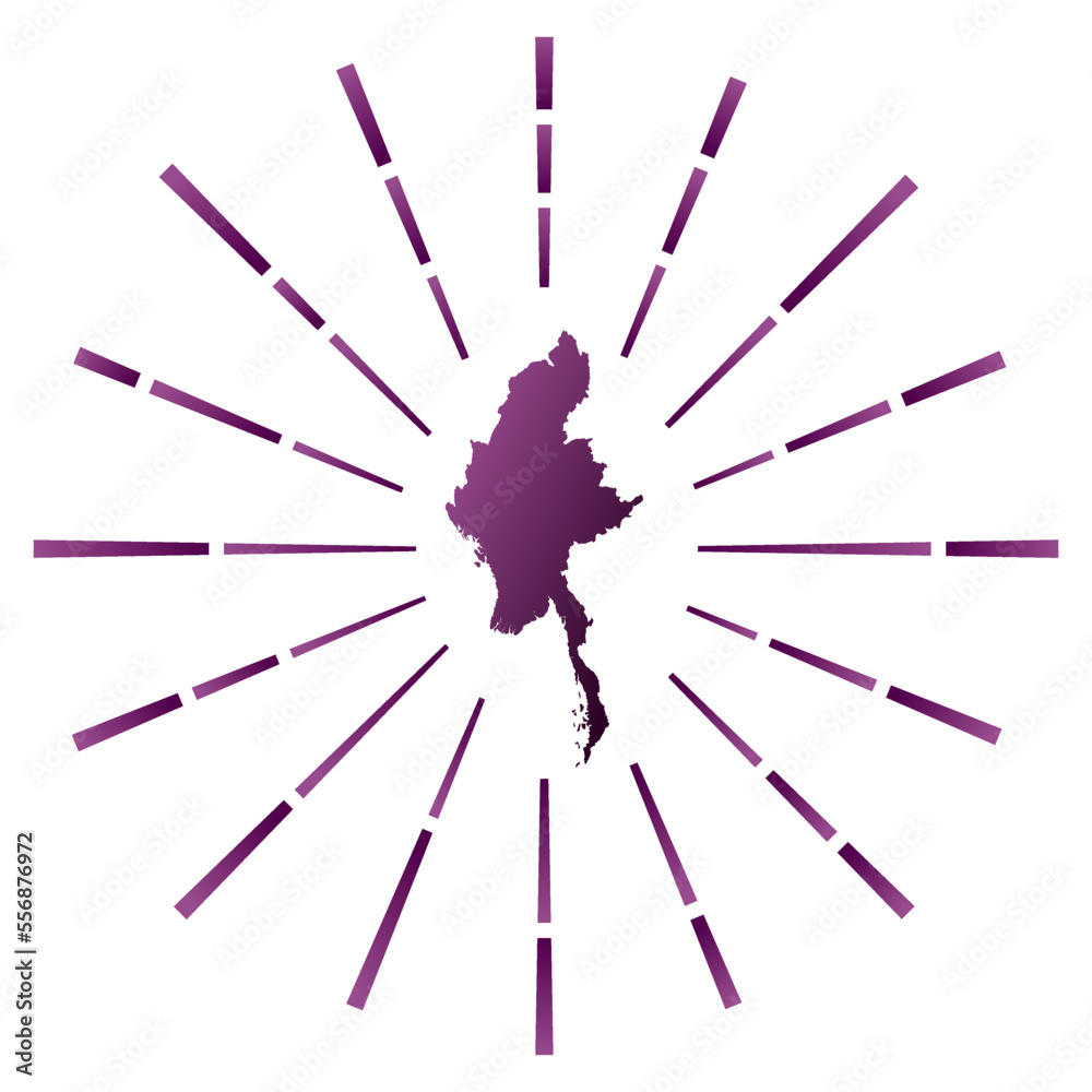 Myanmar gradiented sunburst. Map of the country with colorful star rays ...
