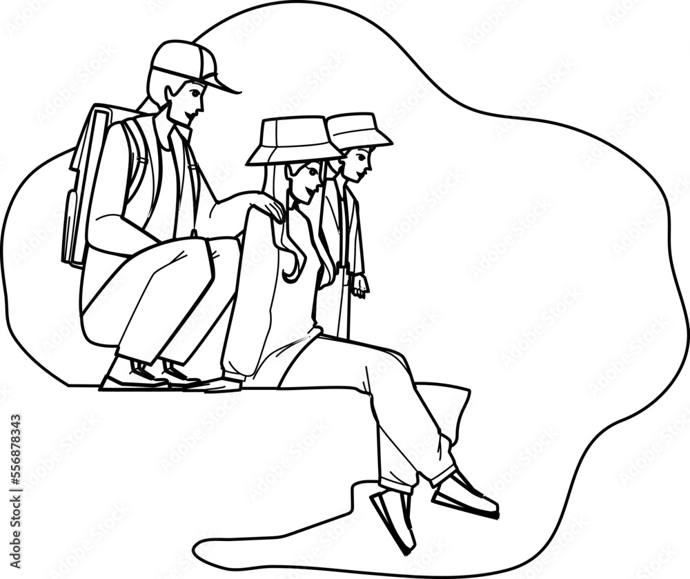 family adventure line pencil drawing vector. holiday mother, happy ...