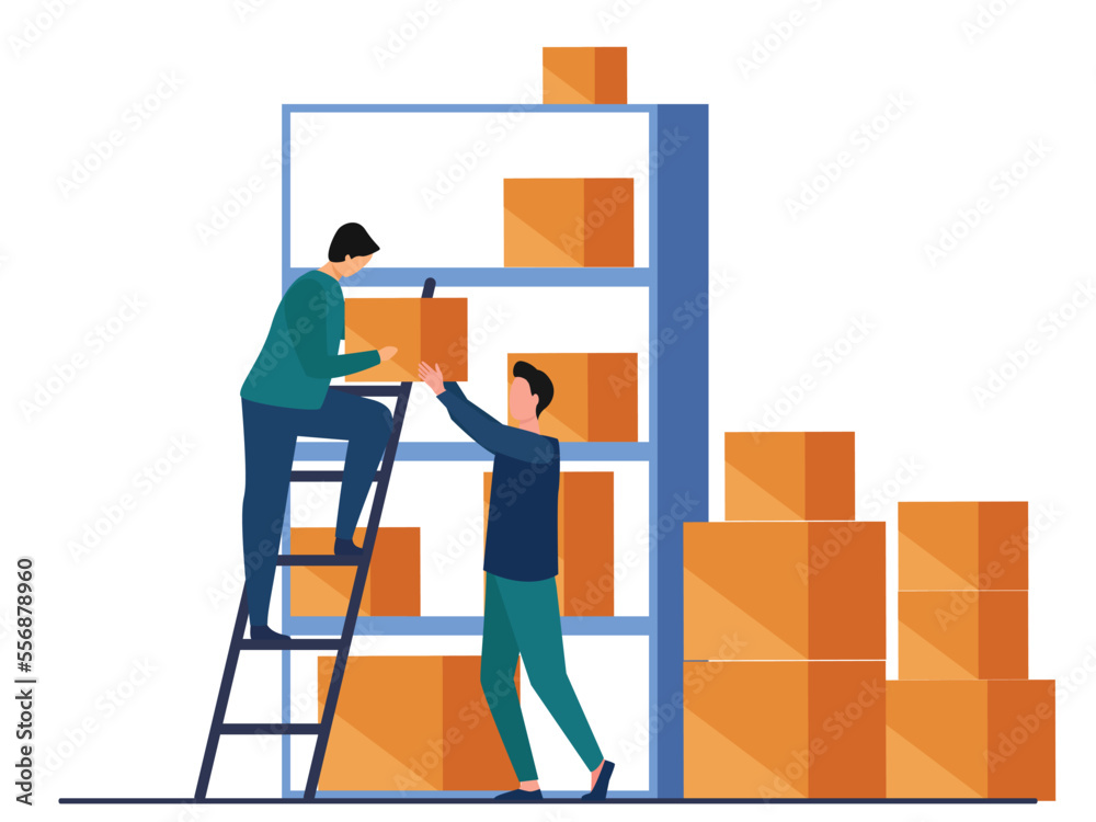 Man putting boxes on shelves of rack. Person lowering object and ...