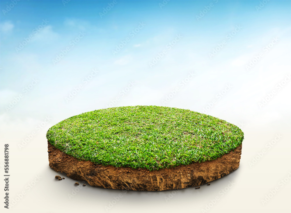 3D Illustration, round soil ground cross section with earth land and ...