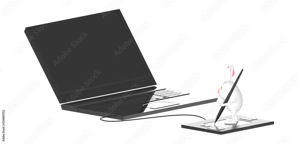 3d character , rabbit drawing with a pen in a graphic tablet connected ...
