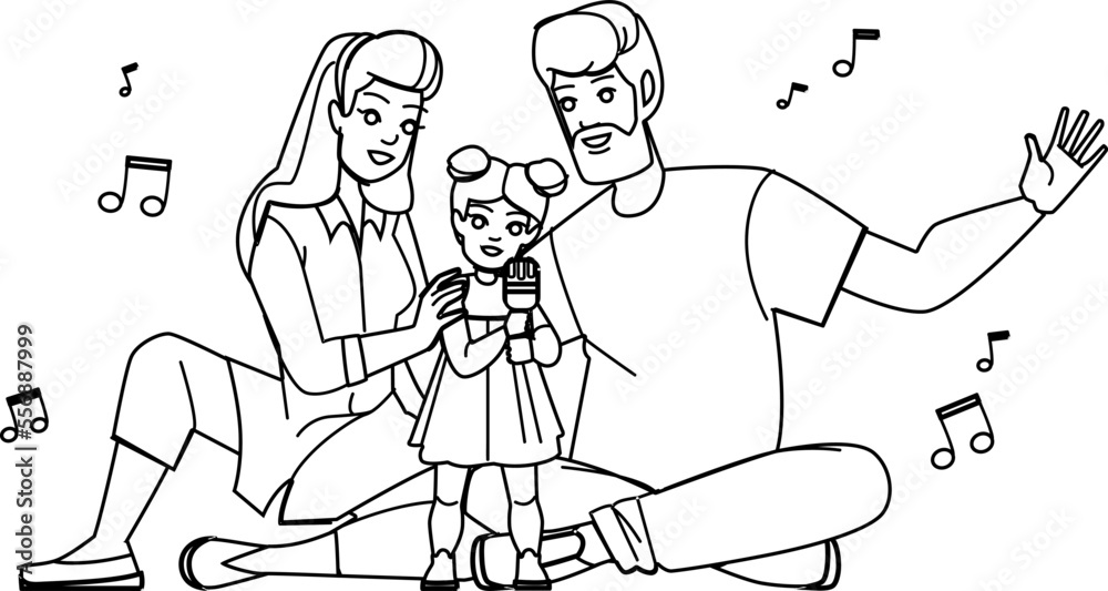 family karaoke line pencil drawing vector. woman fun, music mother ...