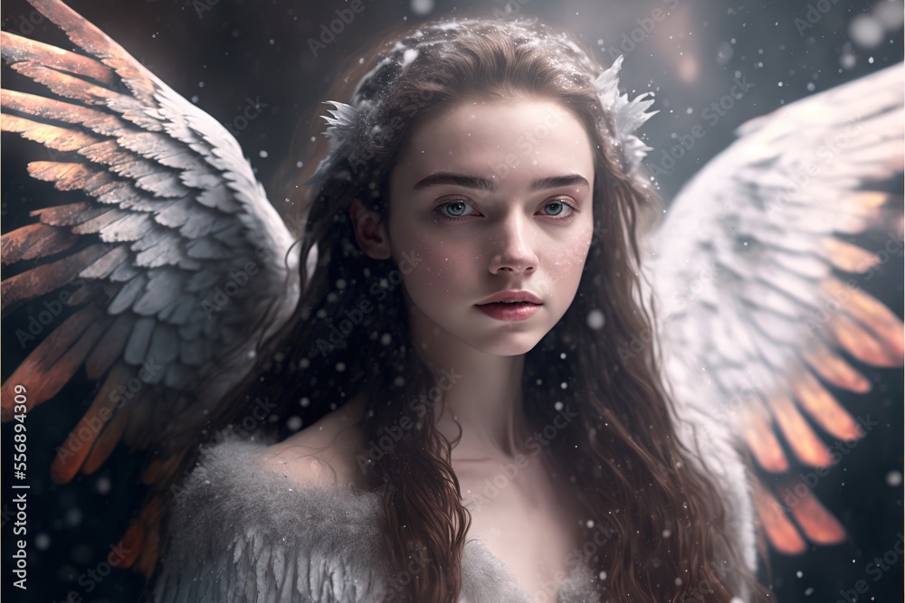 "Glorious AI Generated Beautiful Angel in the Snowfall Illustration for ...