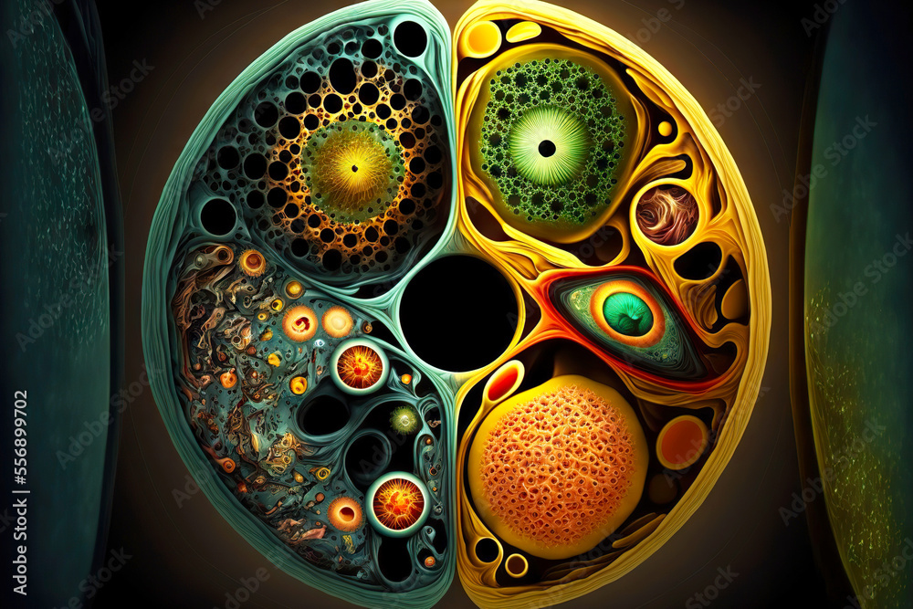 Spherical cell with membranes and nuclei in enlarged model of cell ...