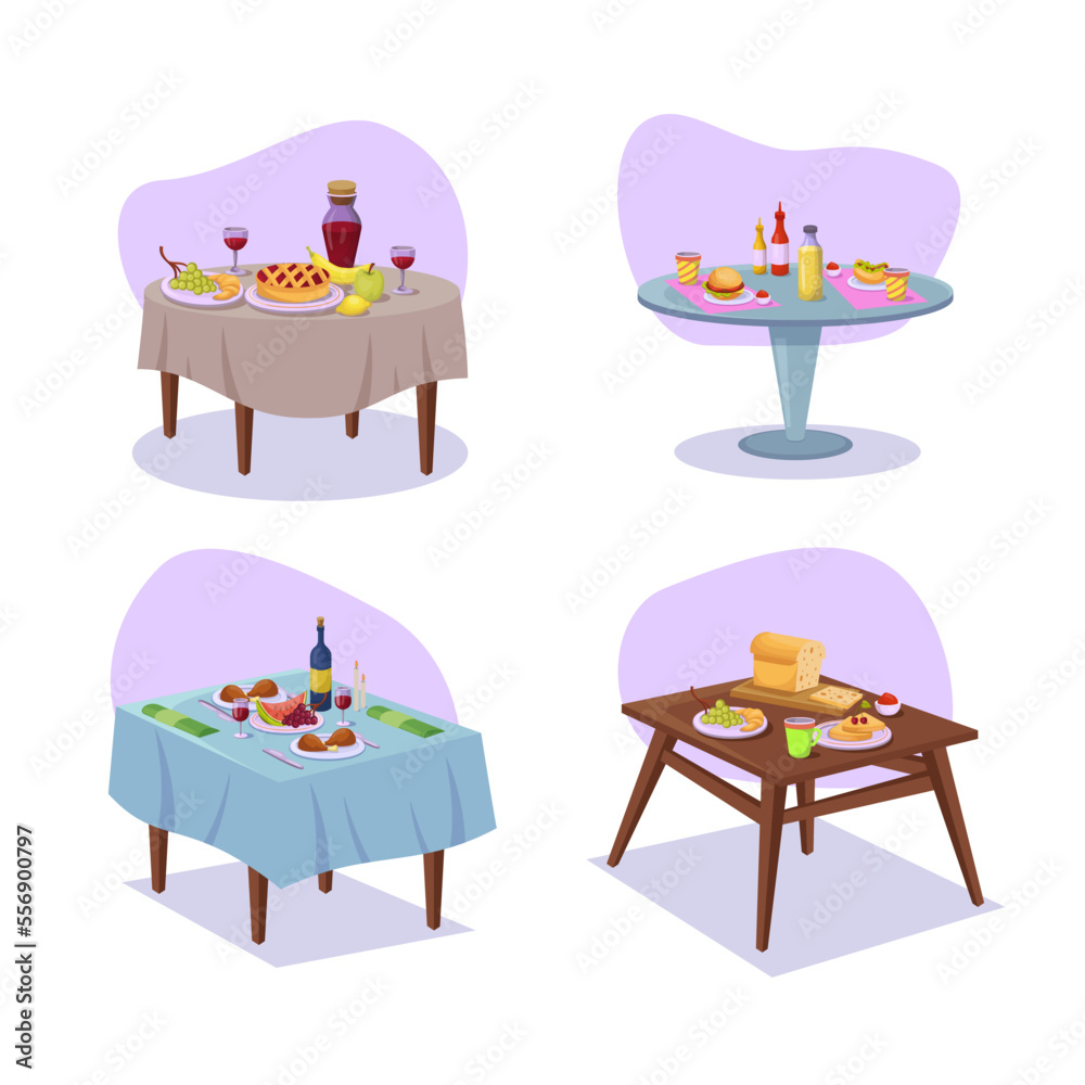 Food on tables with and without cloth vector illustrations set. Cartoon ...