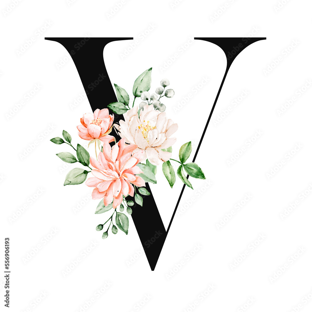 Alphabet, letter V with watercolor flowers and leaf. Monogram initials ...
