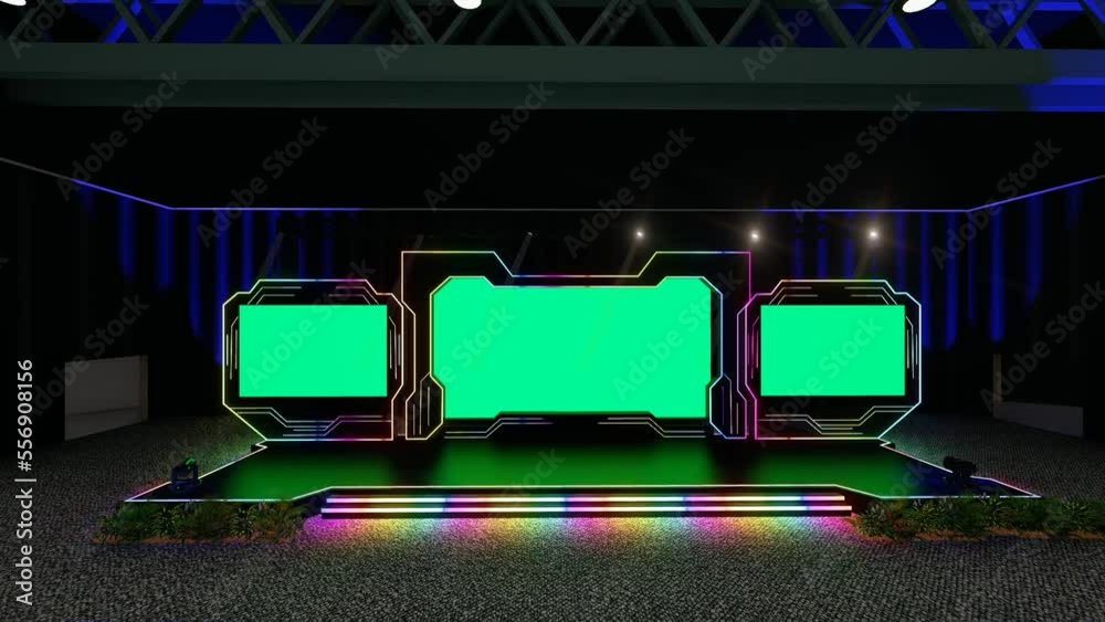 Animation Zoom in Futuristic Stage rendering Green screen with lighting ...