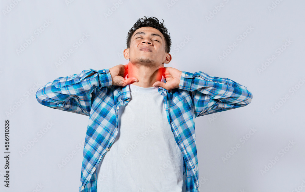 People with shoulder and neck problems, Person in pain rubbing his neck ...