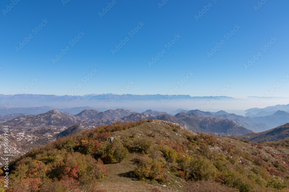 Panoramic view of dramatic karst mountain chains Dinaric Alps ...