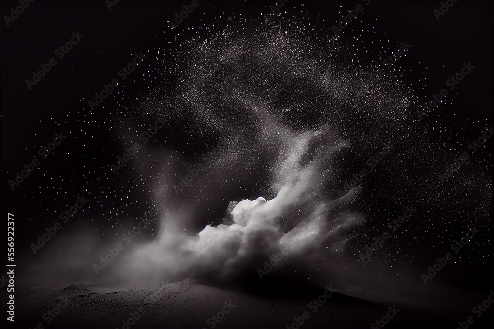 Dust explosion on black surface, ideal for overlays and backgrounds ...