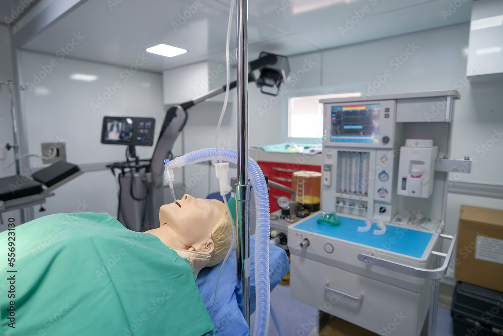 Medical patient simulator in the operating room of a hospital emergency ...