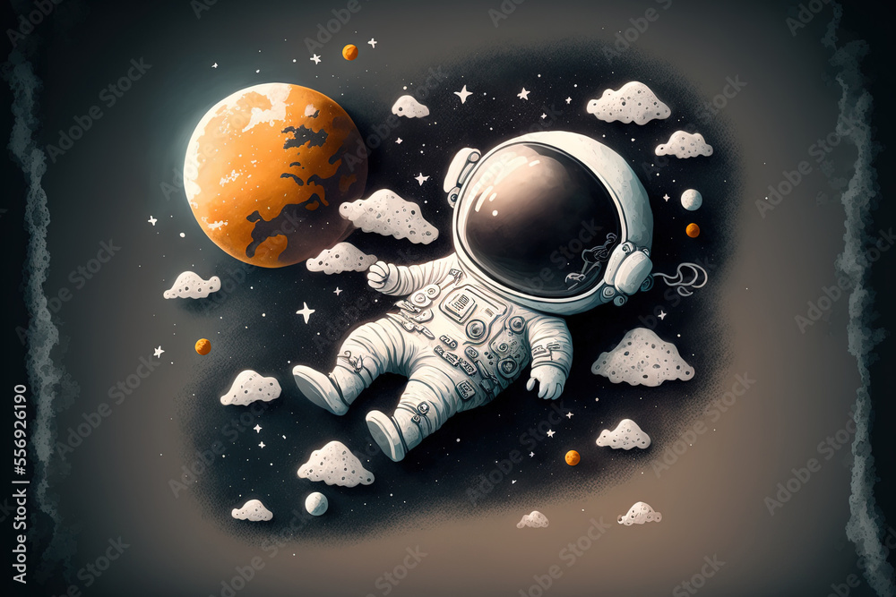 Cartoon drawing of a cute astronaut floating in space with a planet and ...