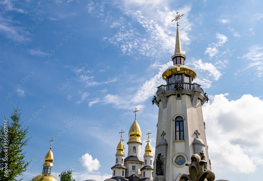 Christian church cross in high steeple tower for prayer Stock Photo ...