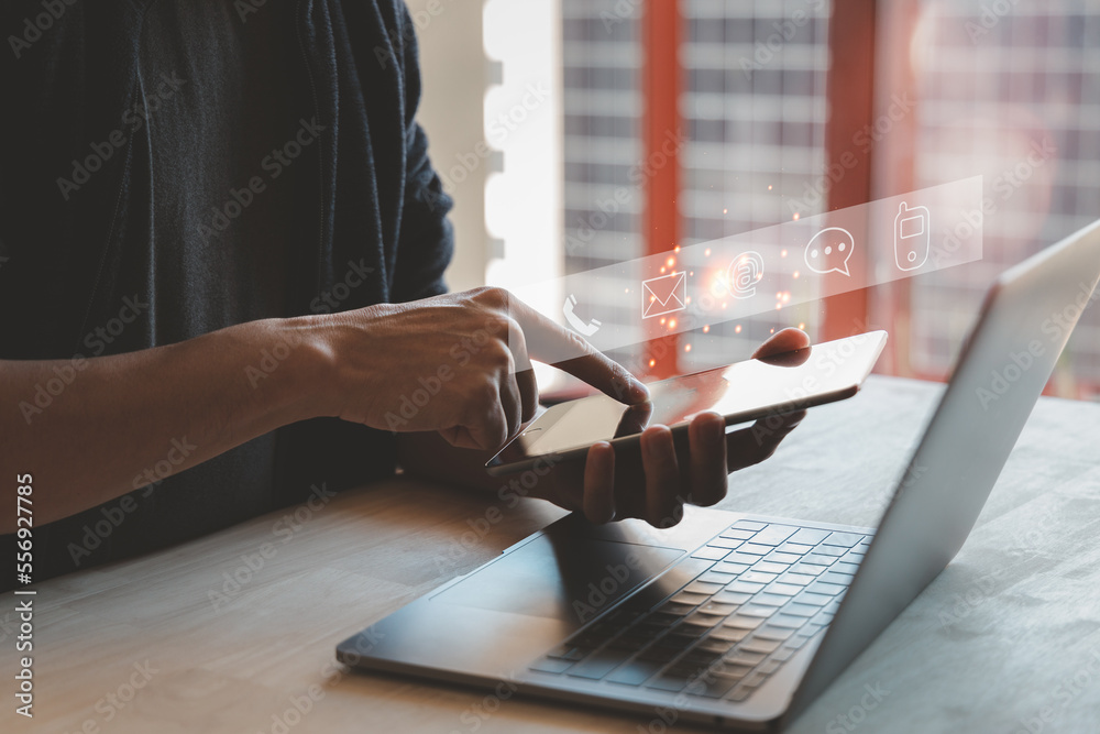 Contact us or Customer support hotline people connect. Businessman ...