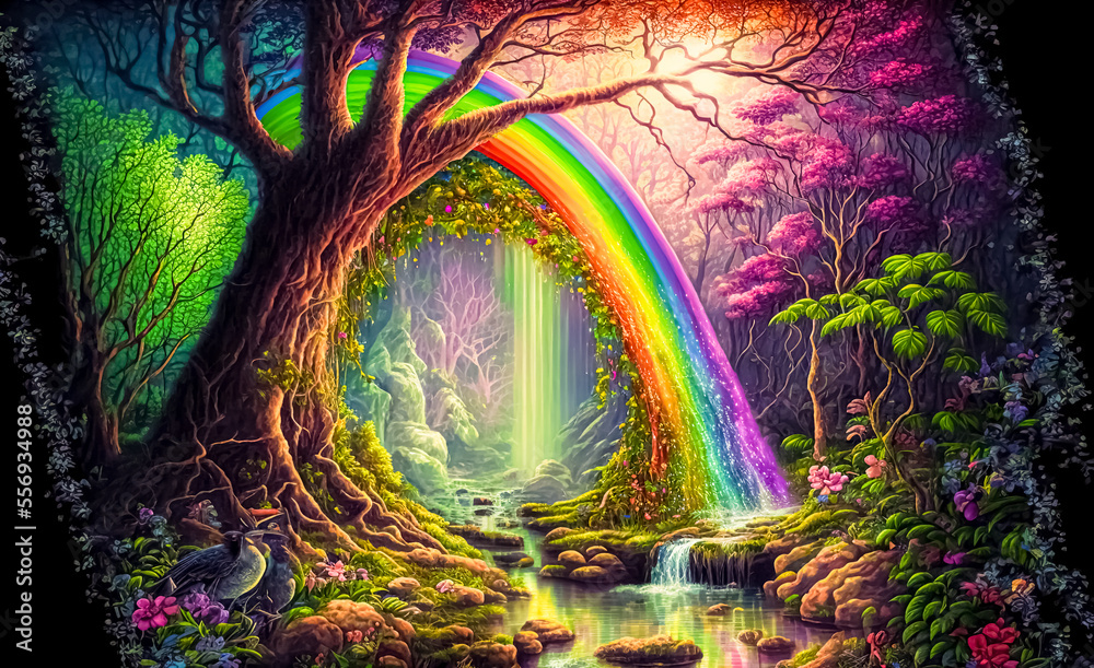 Magical fantasy fairytale forest with rainbow. digital art Stock ...