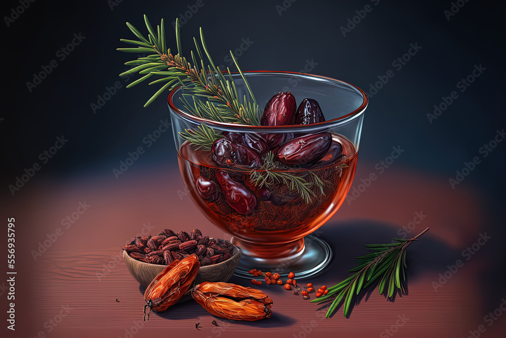 Chinese dried red date fruit with a rosemary leaf in a glass cup, dried ...
