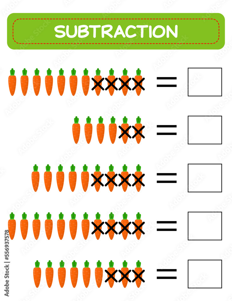 Subtraction. Math worksheet for kids. Developing numeracy skills. Solve ...