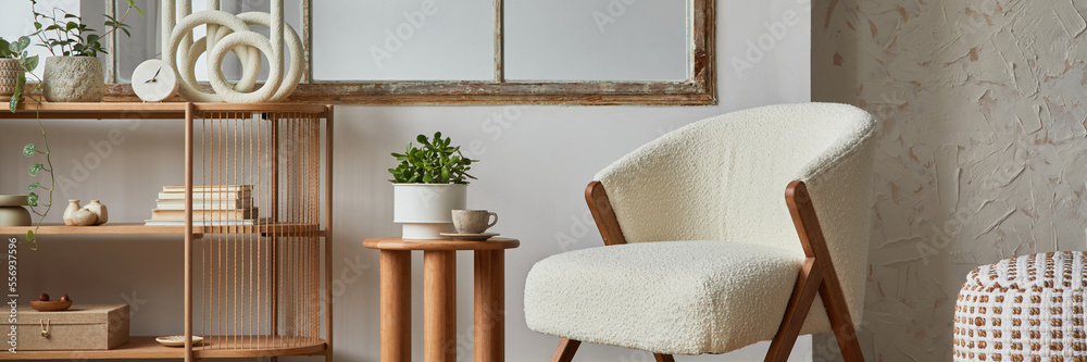 Stylish compositon of modern living room interior with frotte armchair ...