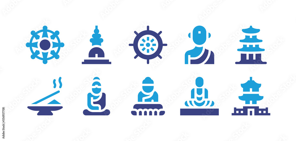 Buddhism icon set. Duotone color. Vector illustration. Containing ...