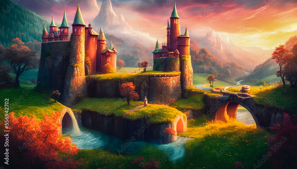 An breathtaking painting of a majestic castle set against the backdrop ...
