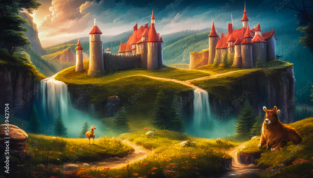 An breathtaking painting of a majestic castle set against the backdrop ...