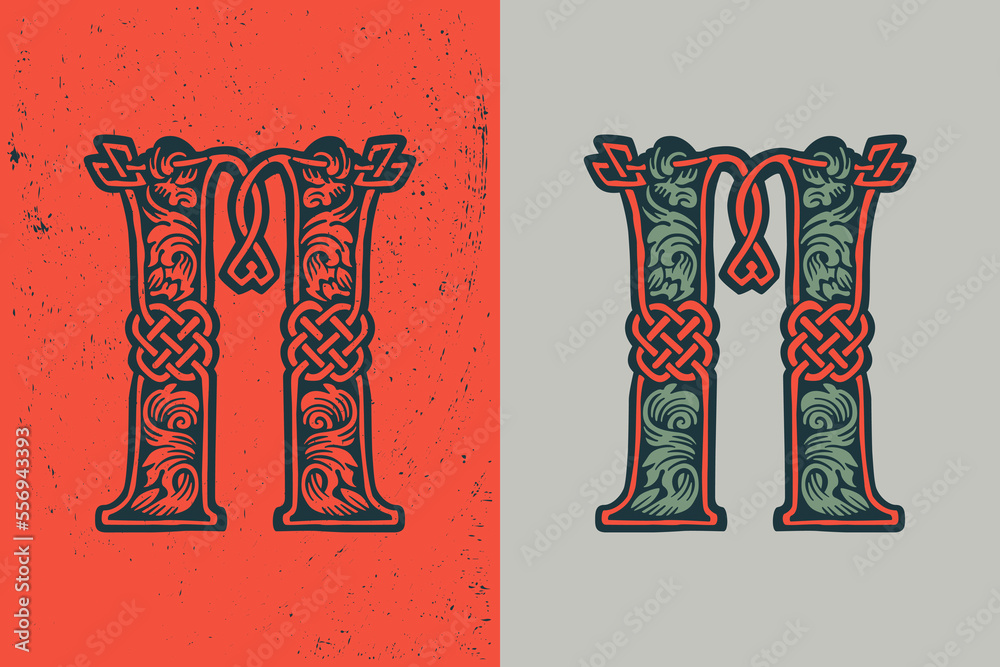 M letter logo in medieval knots lines style. Dim colored drop cap icon ...