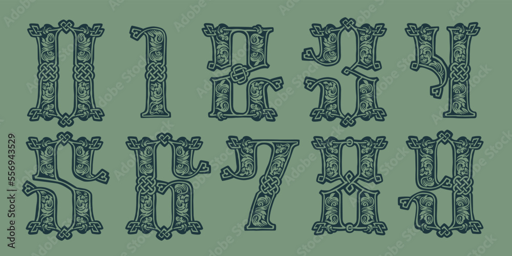 Numbers set in medieval knots lines style. Dim colored drop cap ...