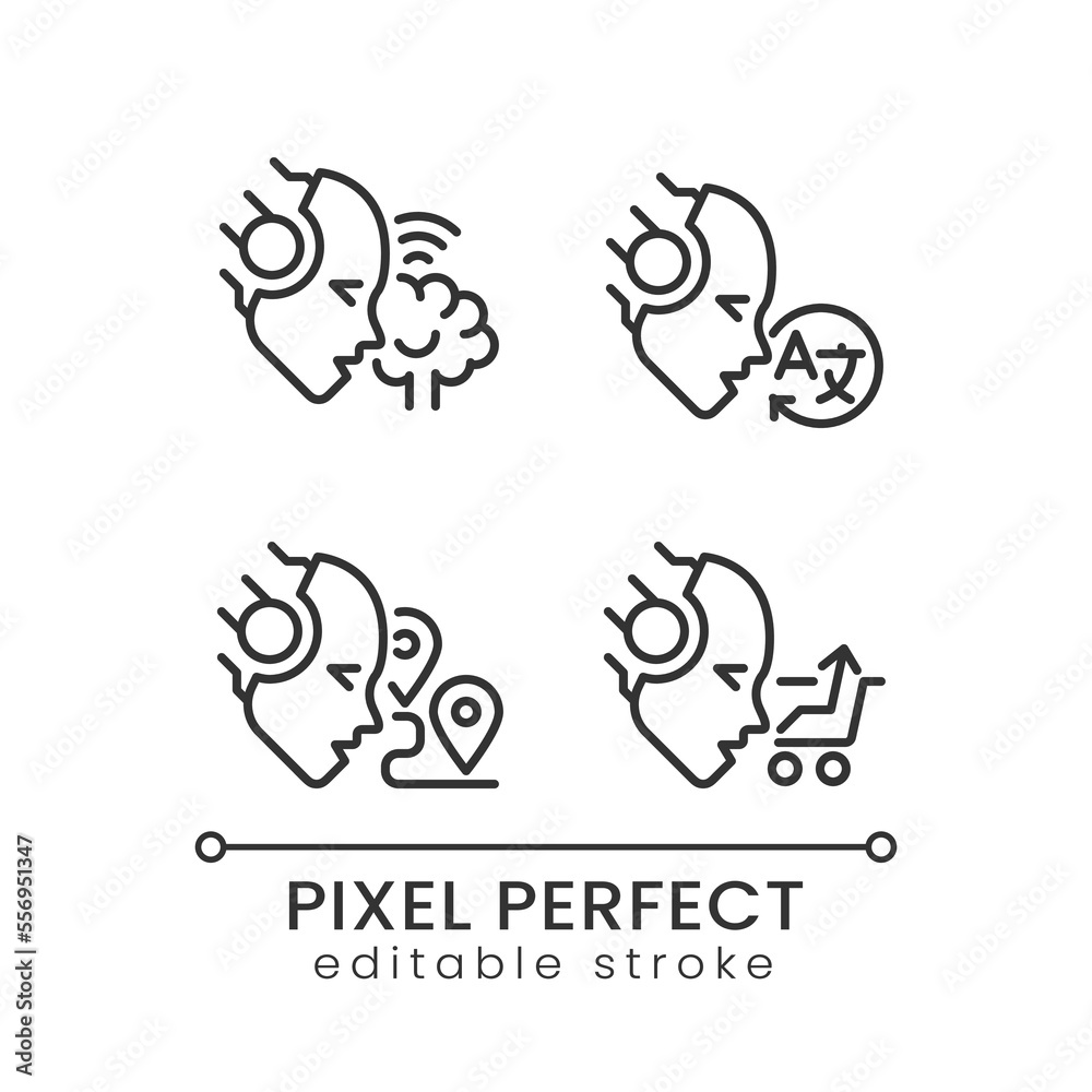 Machine learning usage pixel perfect linear icons set. Artificial intelligence. Process ...