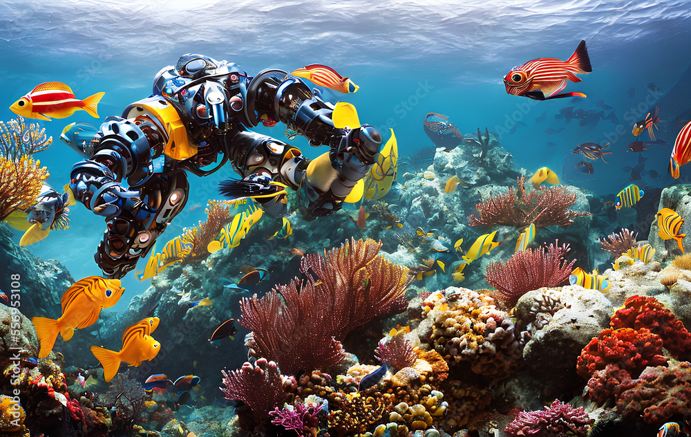 robot swimming in the blue ocean between coral reefs and fishes ...