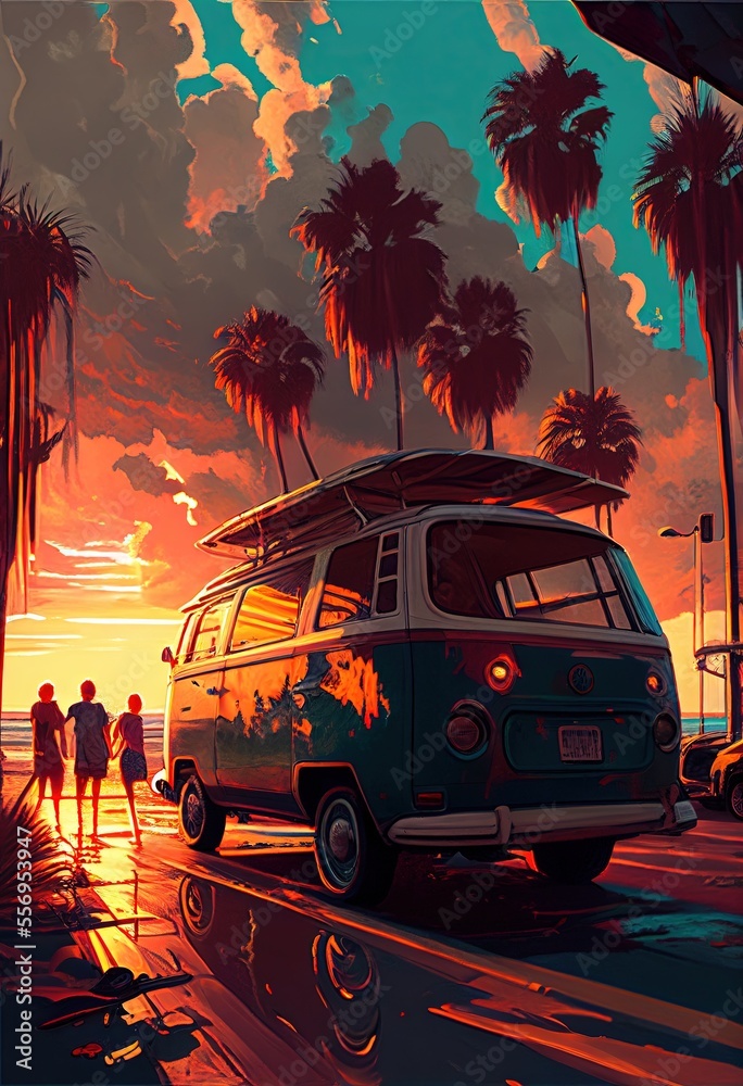 Old Van On beach. Vanlife poster concept. Ai Generative Stock ...