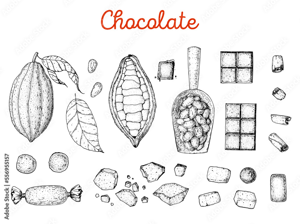 Chocolate cooking and ingredients for chocolate, sketch illustration ...