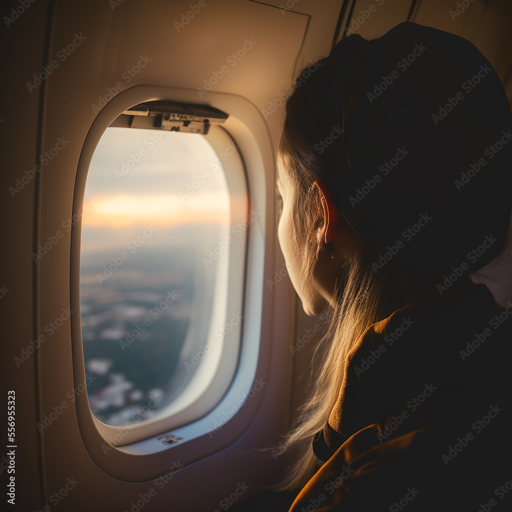 Woman looking out the window of an airplane. Concept of traveling and ...